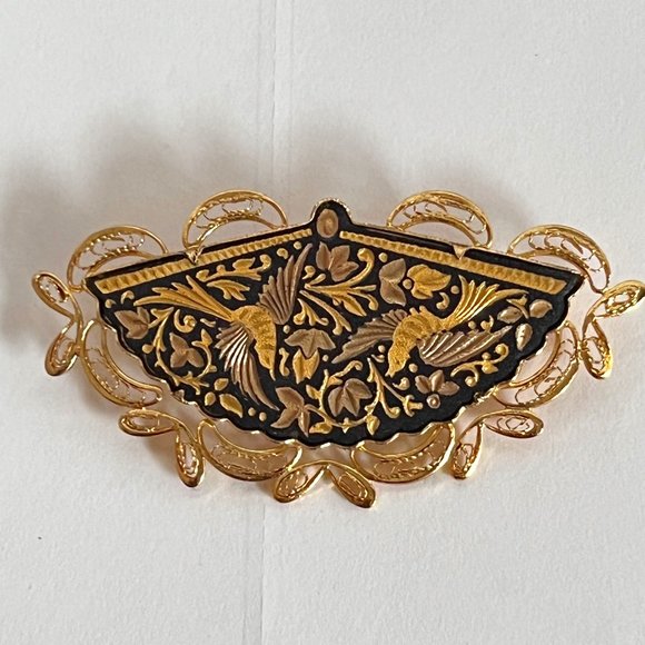 Unknown | Jewelry | Vintage Damascene Gold Black Birds Flowers Brooch ...